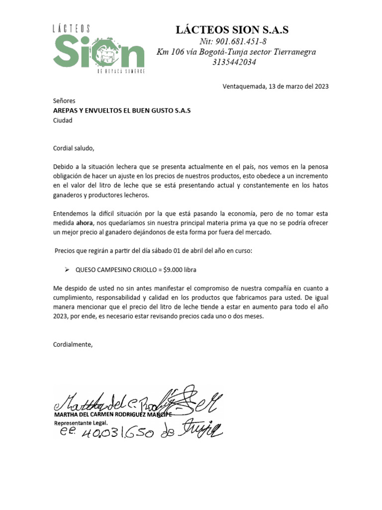 Carta Aumento de Precios | PDF Carta Aumento de Precios | PDF