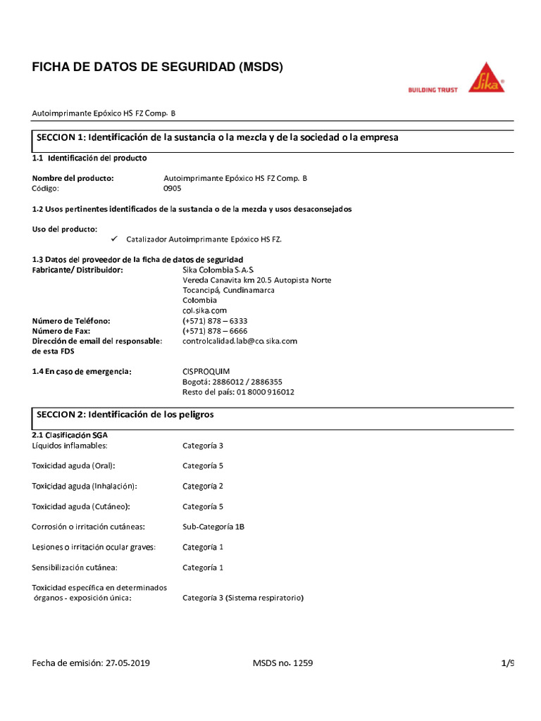 MSDS - AutoimprimanteEpóxico HS FZ Comp. B | PDF | Cocina, comidas y vino