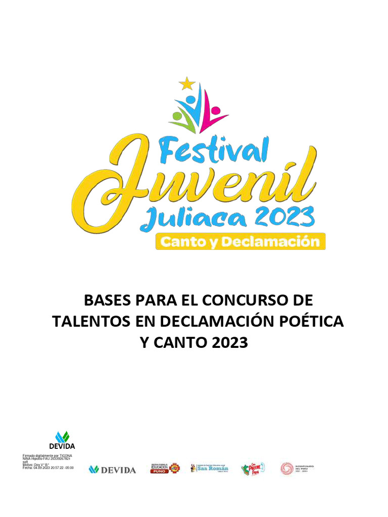 Bases Festival Juvenil Juliaca 2023 Concurso de Declamacion y Canto | PDF