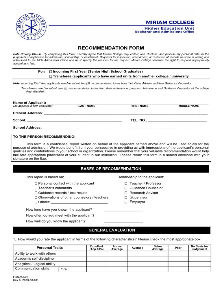 F-RAO-012 - Recommendation - Form - (UG) | Download Free PDF ...