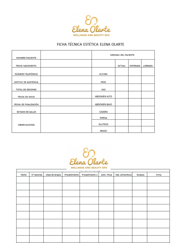 Ficha Técnica Estética Corporal Elena Olarte Wellness and Beauty Spa | PDF