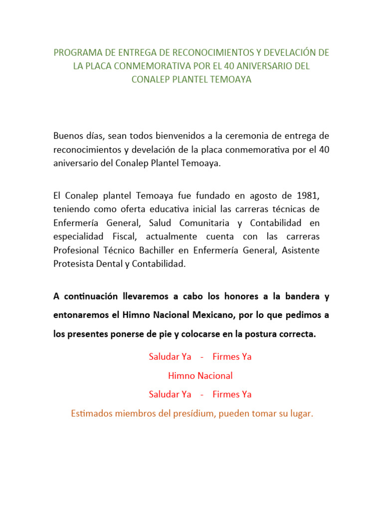 40 Años del Conalep Temoaya: Ceremonia de Reconocimientos | PDF