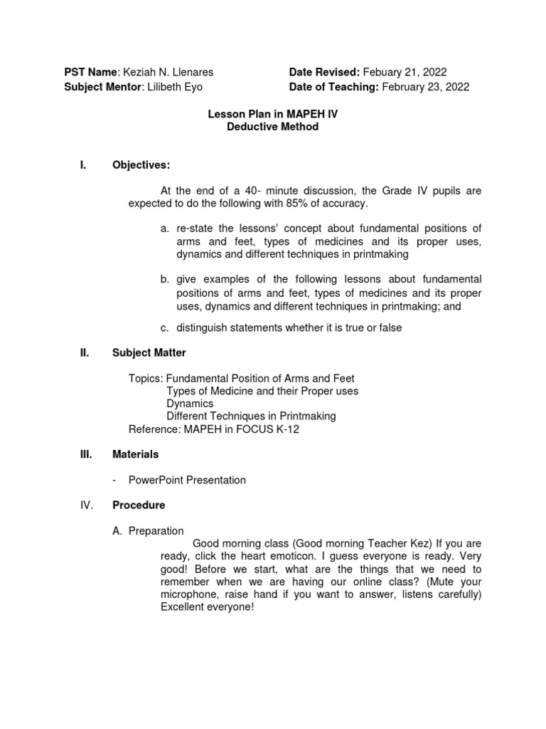 Revised Lesson Plan in MAPEH (Llenares) | PDF