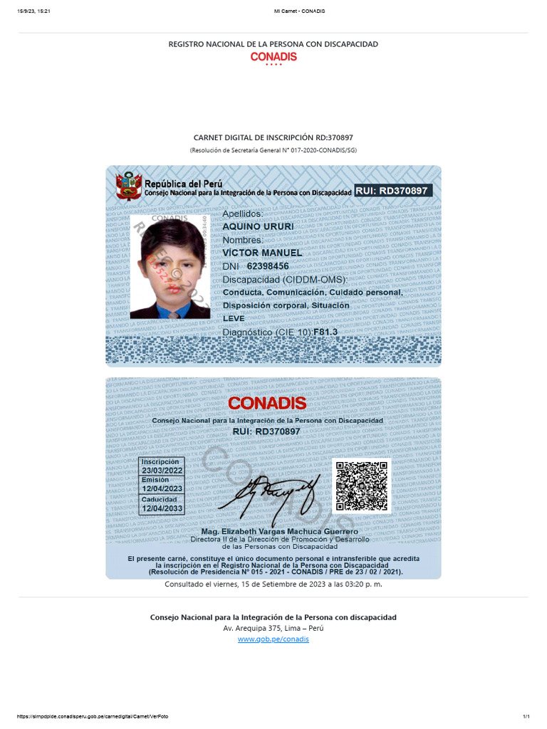 Mi Carnet - Conadis Aquino | PDF