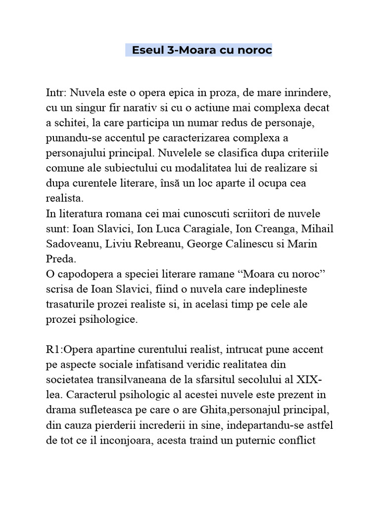 Eseu Moara Cu Noroc de Ioan Slavici | PDF