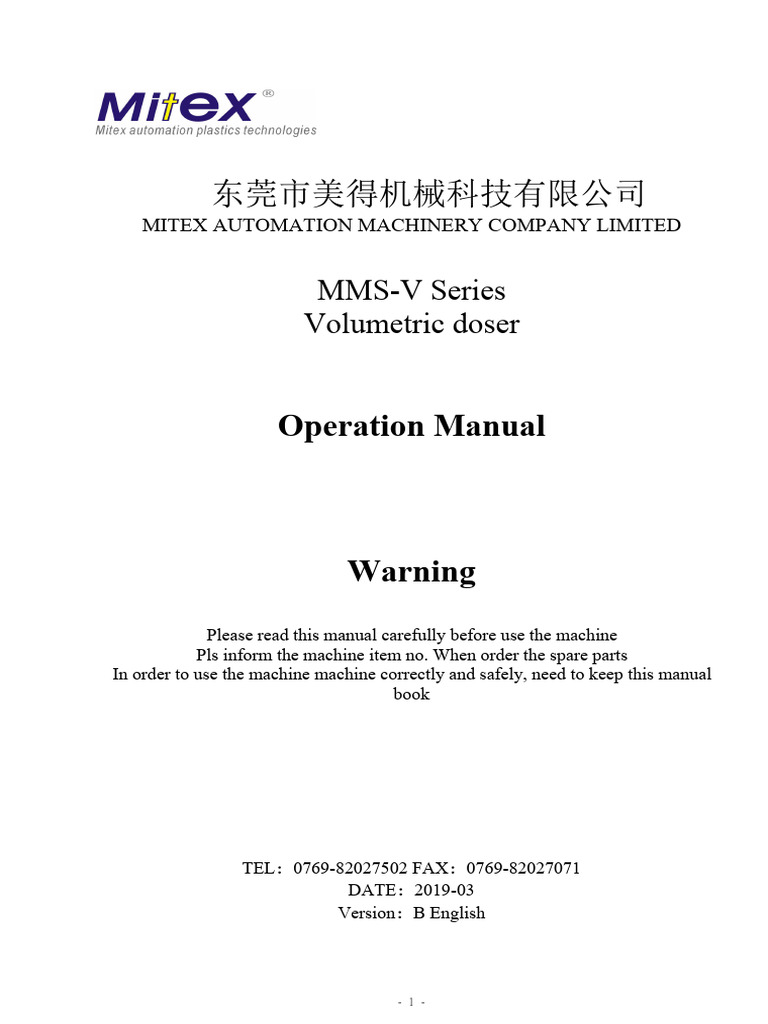 MMS Volumetric doser manual (1) | PDF | Extrusion | Power Supply