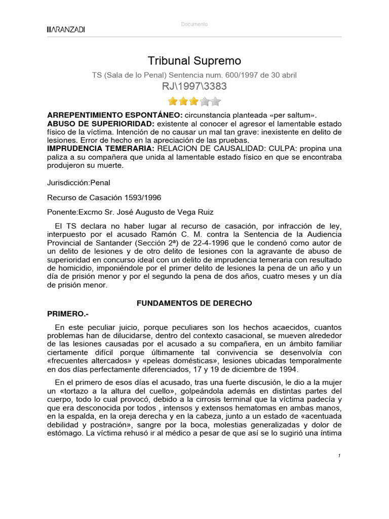 Jur - TS (Sala de Lo Penal) Sentencia Num. 600-1997 de 30 Abril - RJ - 1997 - 3383 | PDF ...