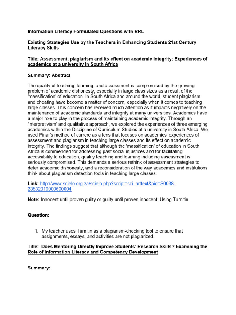Information Literacy Formulated Questions With RRL | PDF