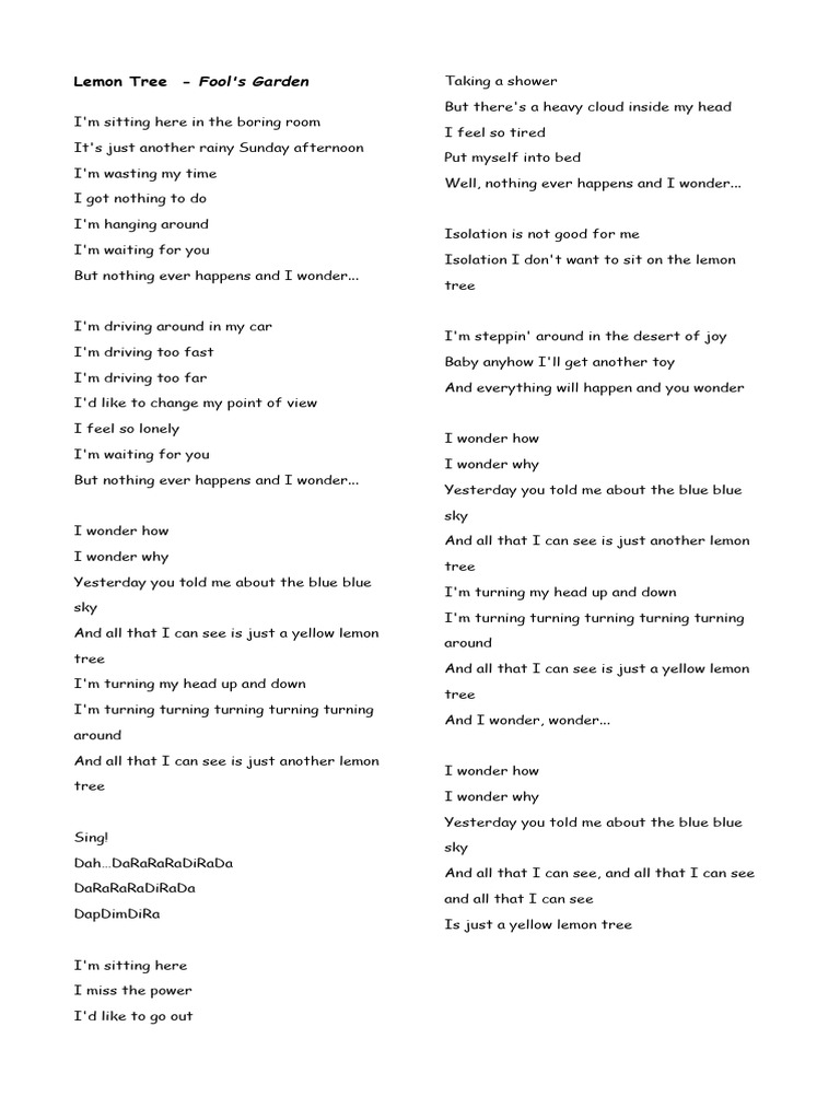 Letra de "Lemon Tree" - Fool's Garden | PDF