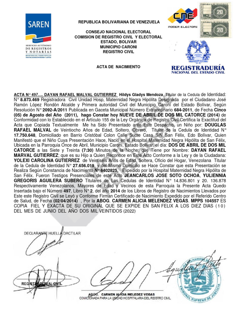 Acta de Nacimiento Dayan | PDF | Ciencias sociales | Derecho