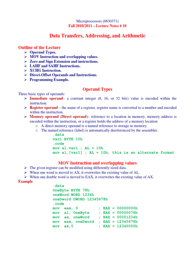 Lecture 10 Data Transfers, Addressing, And Arithmetic | PDF