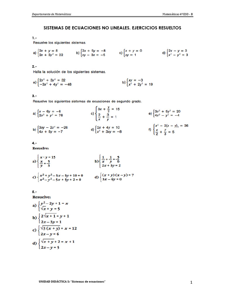 Sistemas de Ecuaciones No Lineales. Ejercicios Resueltos | PDF