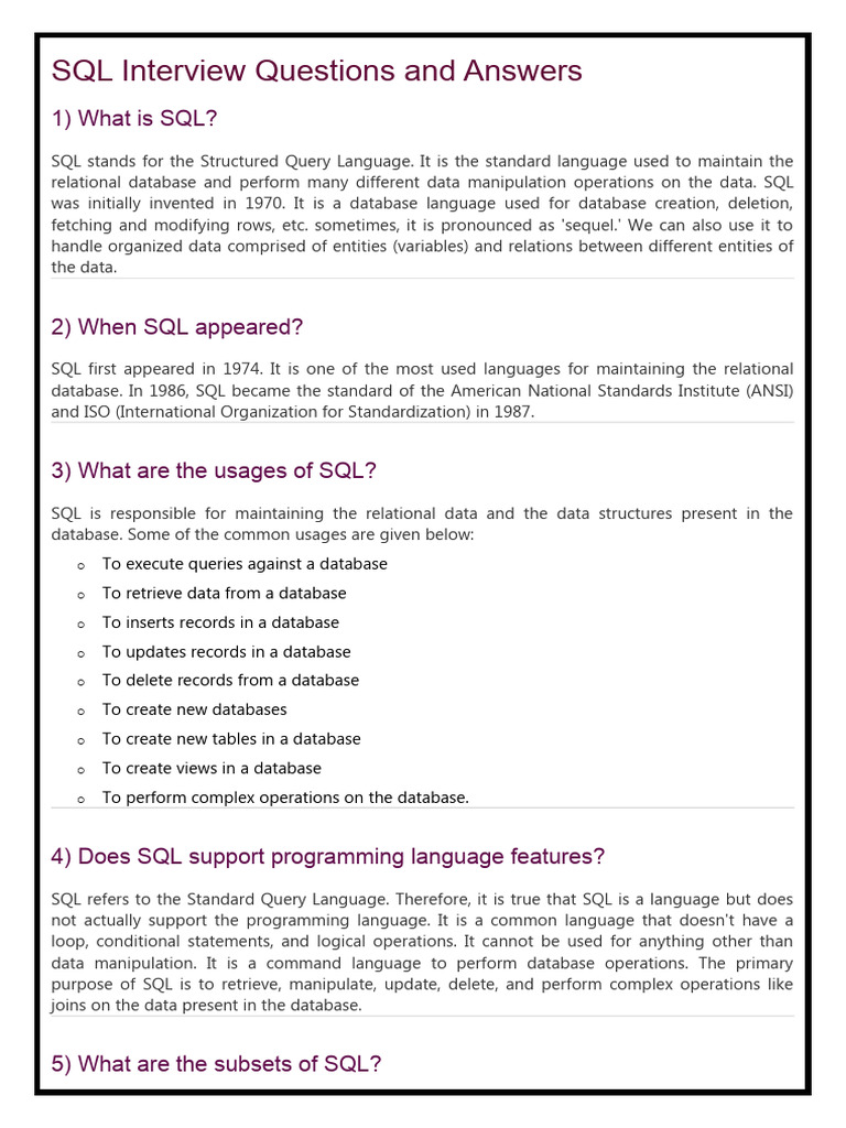 Sql Interview Questions And Answers Pdf Database Index Relational 7046