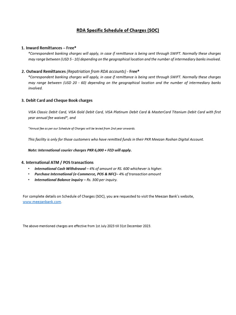 RDA Schedule of Charges | PDF | Business