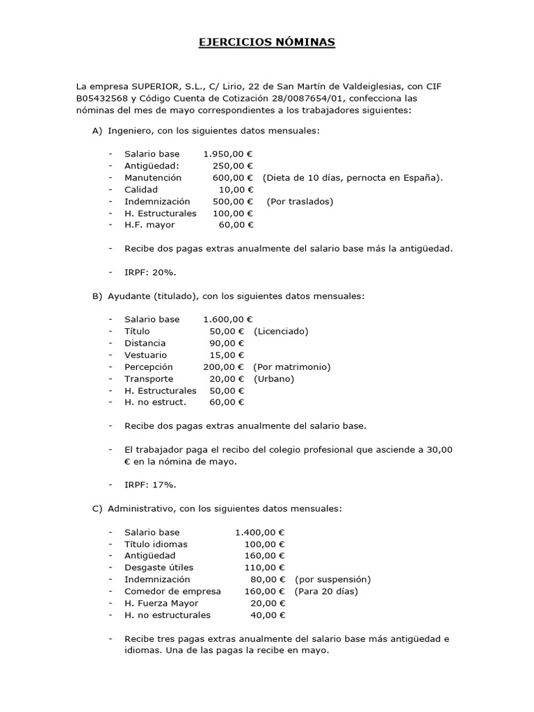 Ejercicios Nominas | PDF