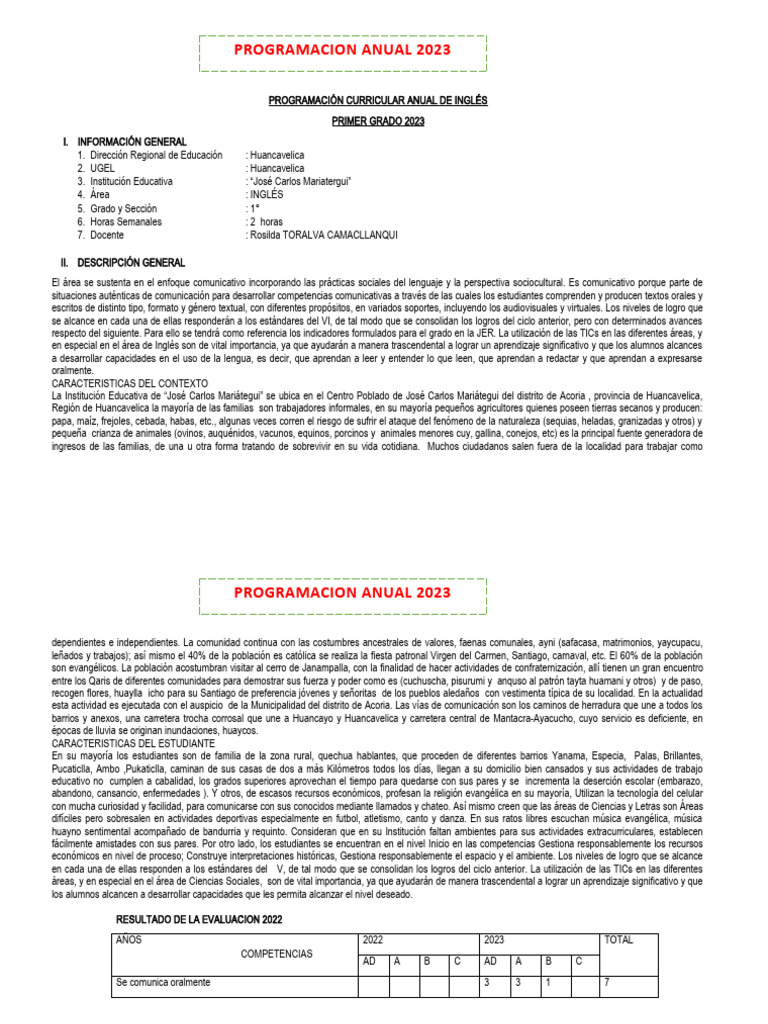 INGLES 1ro Programacion Anual 3er BIMESTRE | PDF | Enseñando | Entorno natural