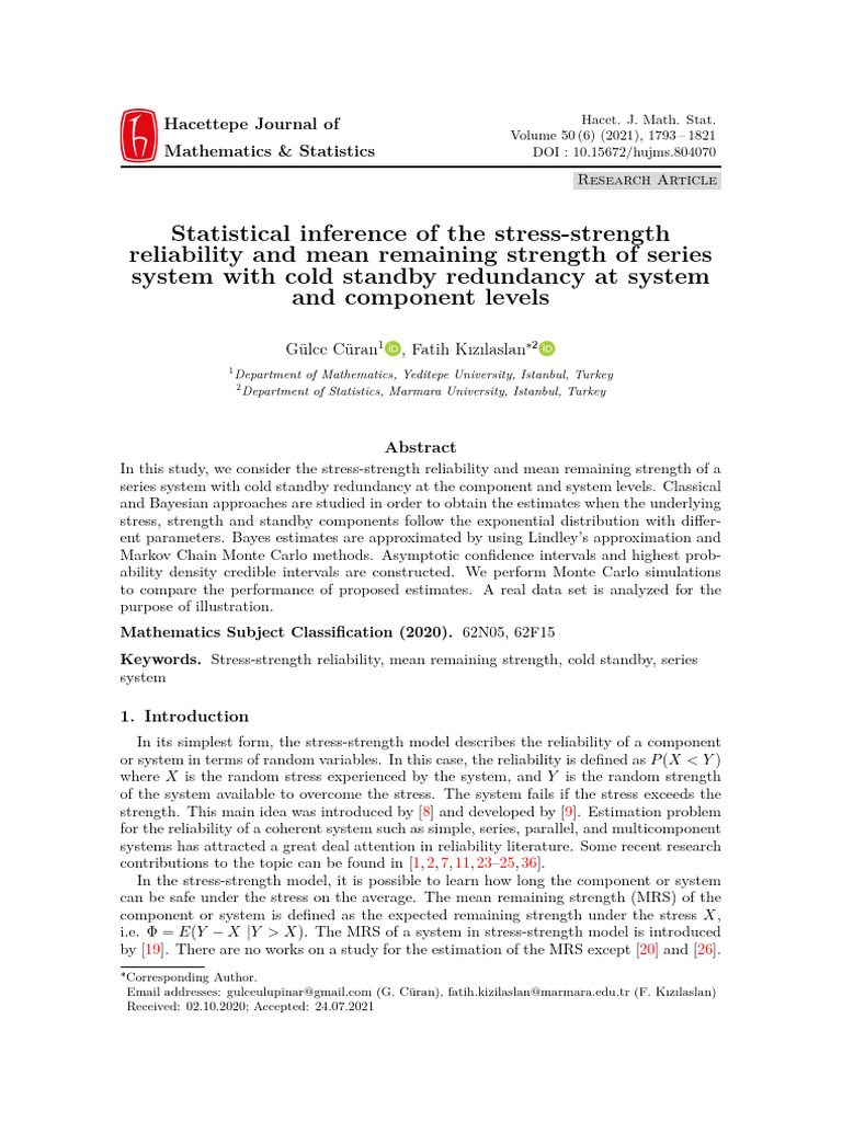 Statistical Inference of The Stress-Strength Reliability and Mean Remaining Strength of Series ...