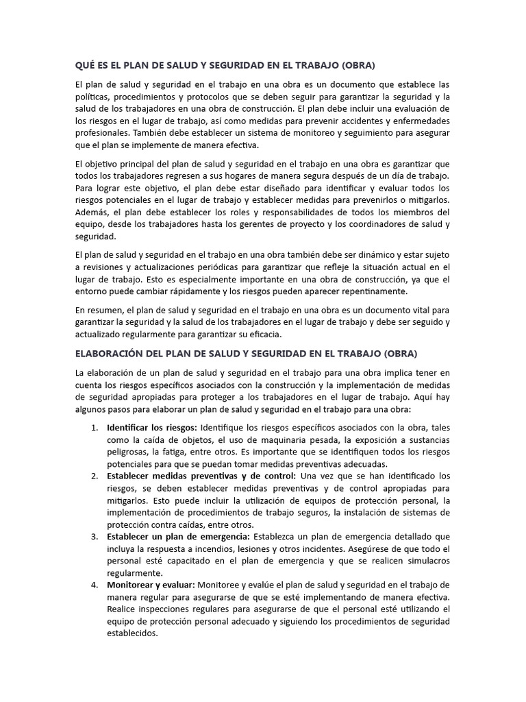 Qué Es El Plan de Salud y Seguridad en El Trabajo | PDF