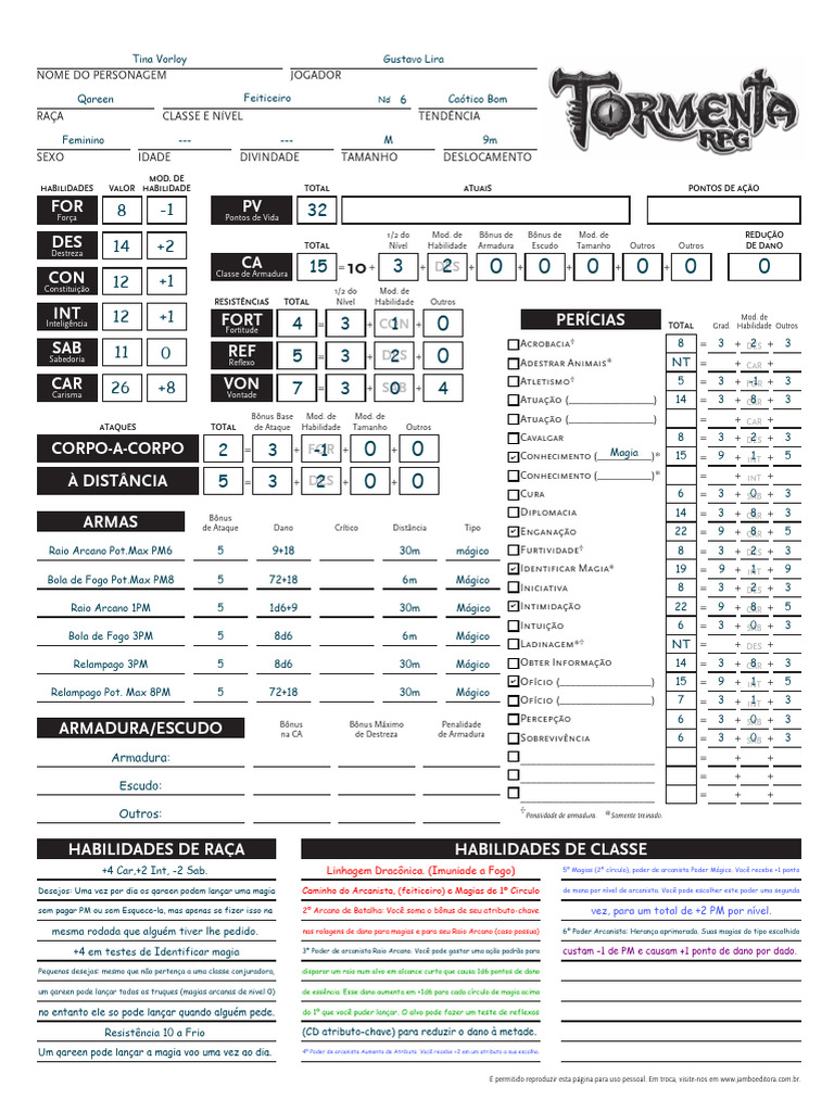 Tormenta RPG Ficha de Personagem Editavel Biblioteca Elfica | PDF