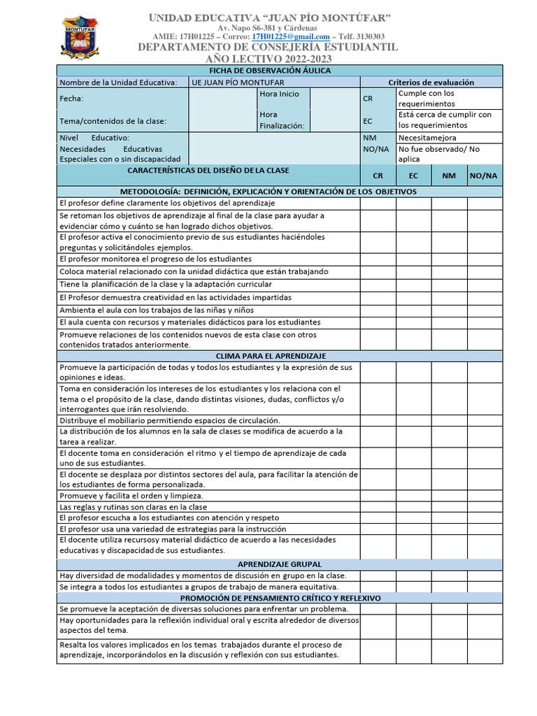 Ficha de Visita Aulica 2223 | PDF | Aprendizaje | Evaluación