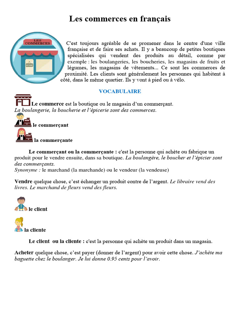 Les commerces en français : vocabulaire essentiel | PDF | Commerce de ...