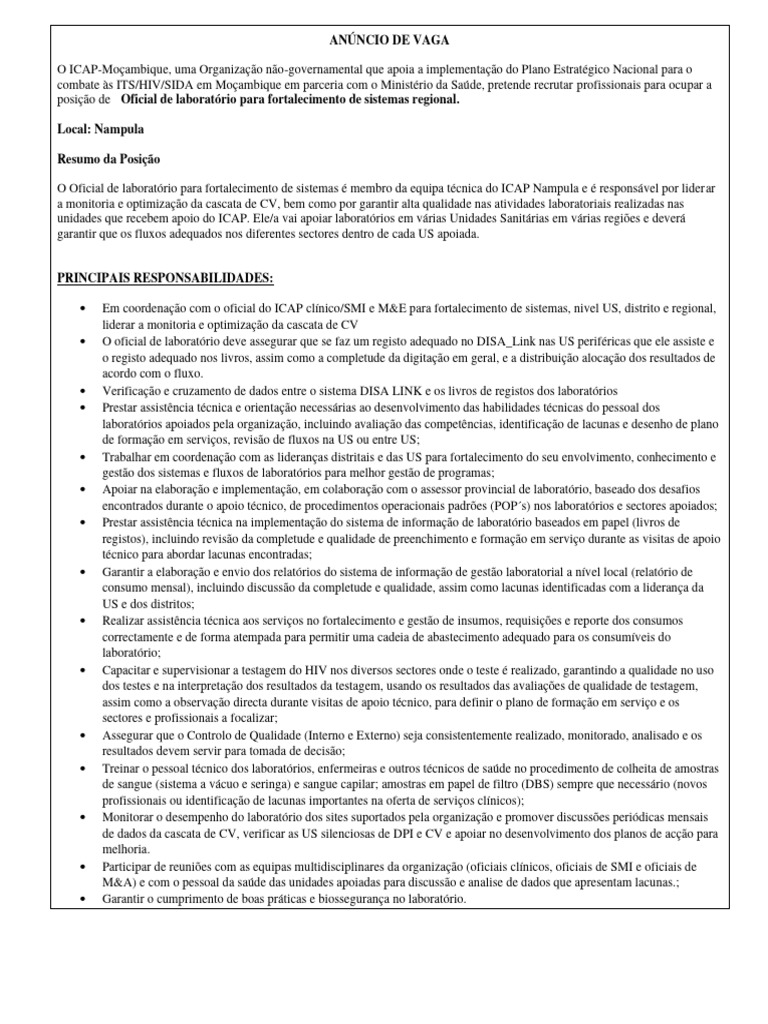 Vaga: Oficial de Laboratório ICAP Nampula | PDF | Carreira e ...