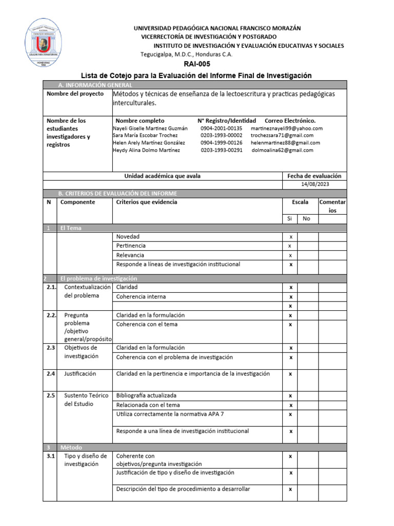 Rai 005. Formato de Evaluacion de Informe Final de Investigacion (Palacios) | PDF