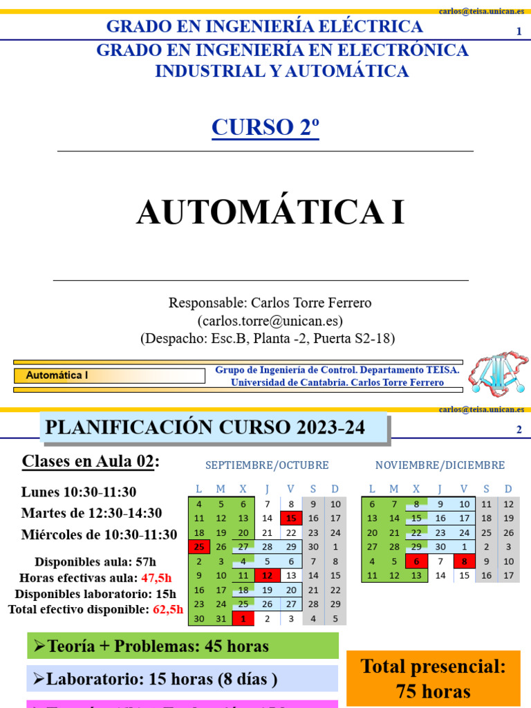 Programa Automática I - 2023-24 | PDF | Ingenieria Eléctrica | Teoría de sistemas