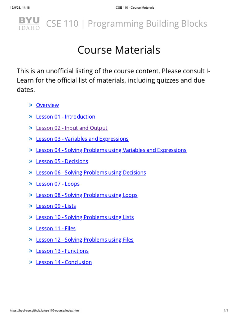 CSE 110 - Course Materials | PDF