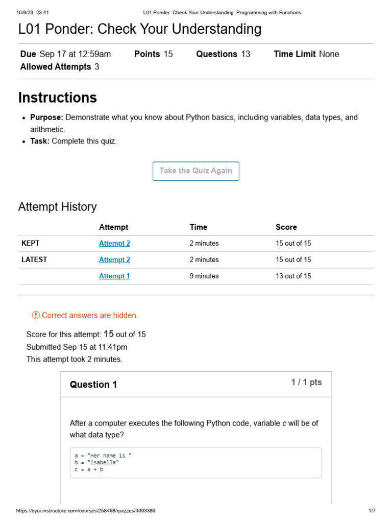 L01 Ponder - Check Your Understanding - Programming With Functions | PDF