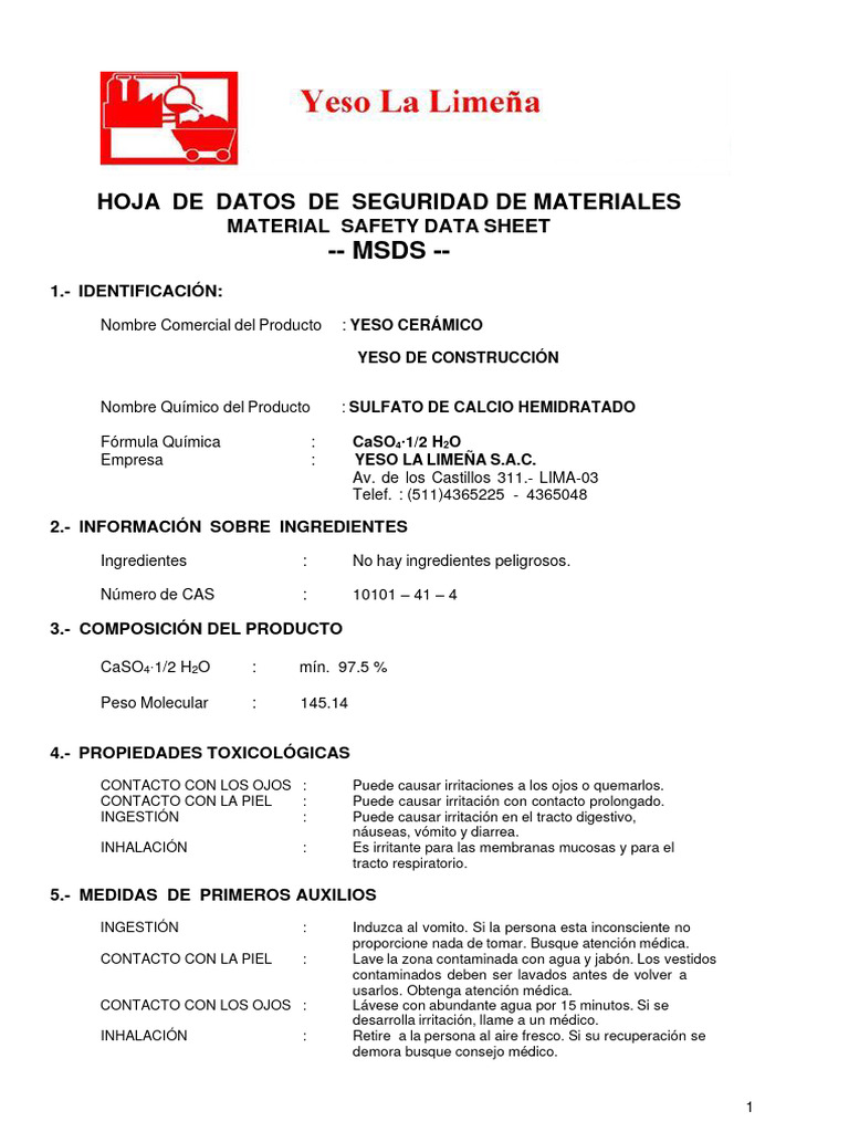Hoja de Datos de Seguridad - Yeso | PDF