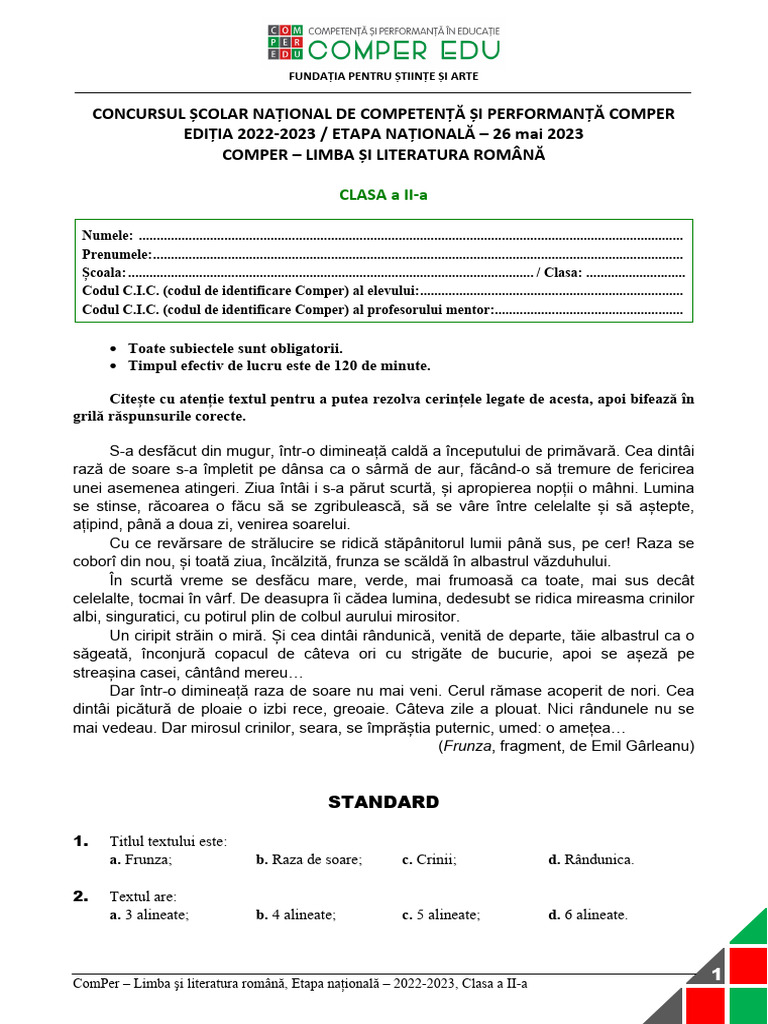 Subiect Comper Romana EtapaN 2022 2023 ClasaII | PDF