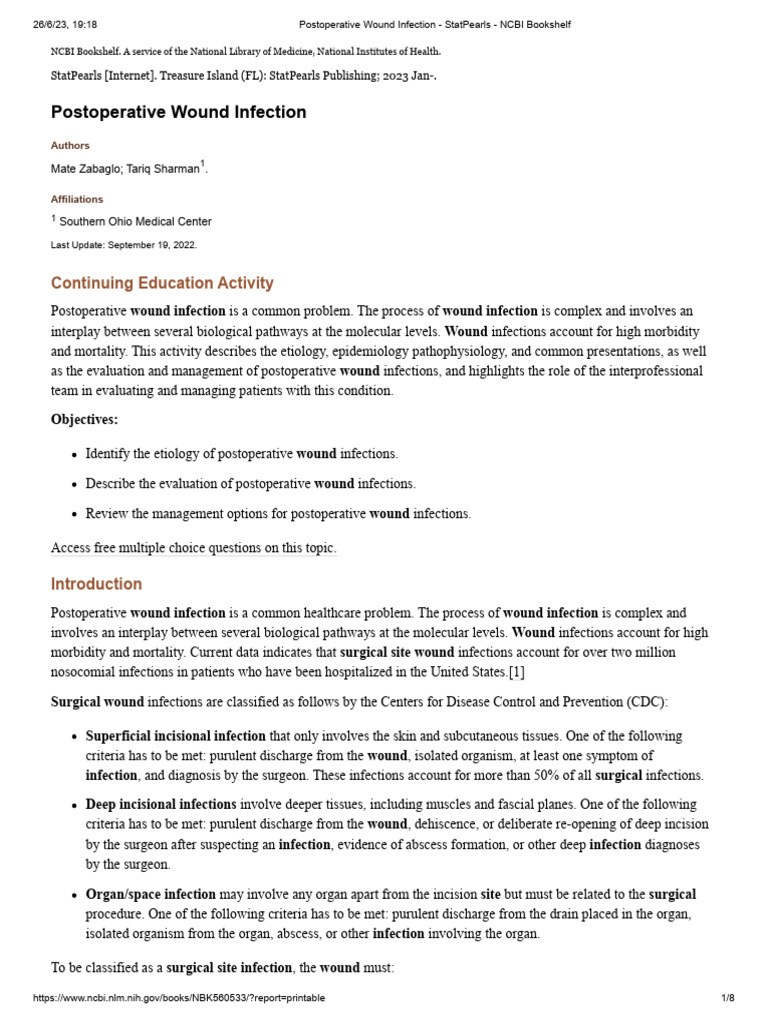Postoperative Wound Infection - StatPearls - NCBI Bookshelf | PDF