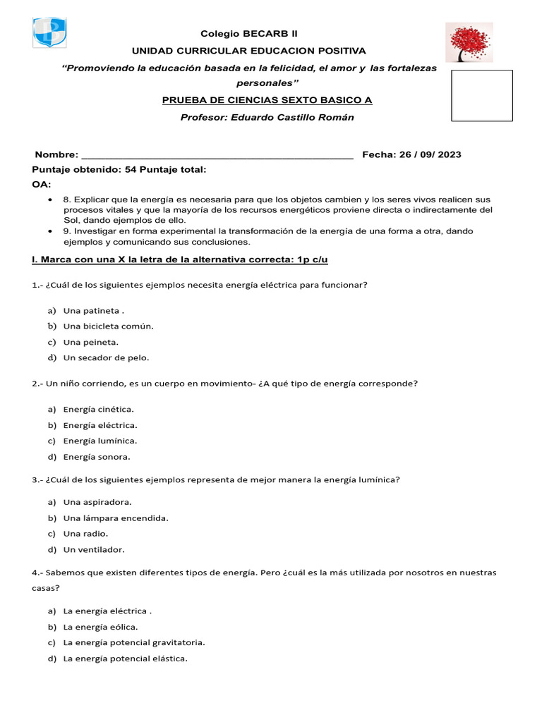 Prueba Energia sexto basico | PDF