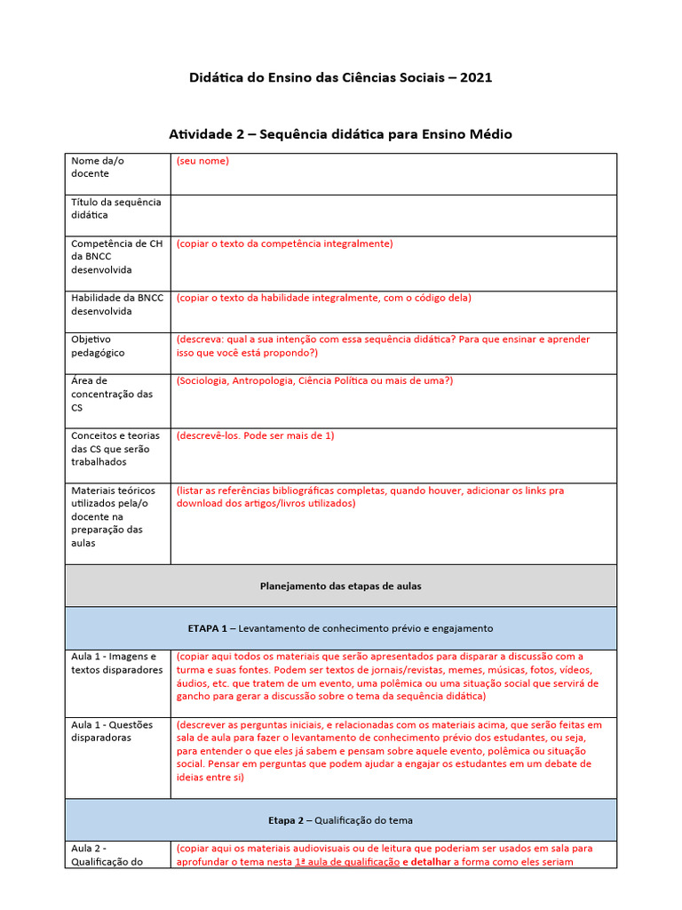 Modelo Sequência Pedagógica - Didática:Michele E. | PDF