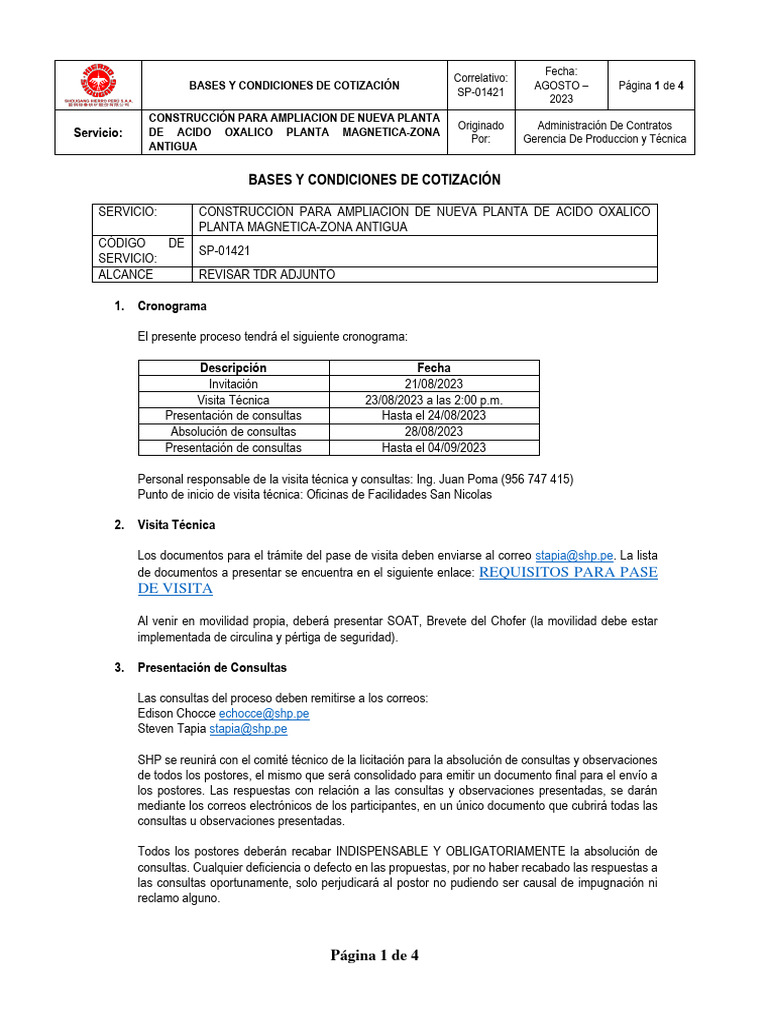 SP-01421 Bases y Condiciones Cotizacion | PDF | Finanzas y dinero | Derecho