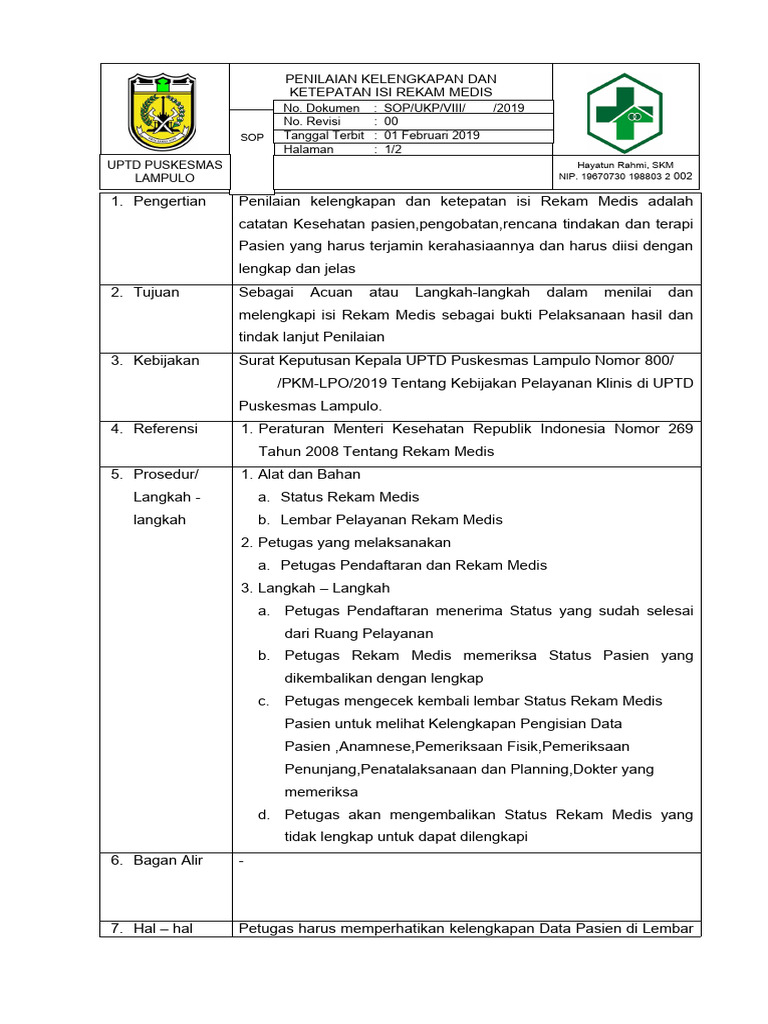 SOP.PRM.21. SOP Penilaian kelengkapan dan ketepatan isi RM - Copy | PDF