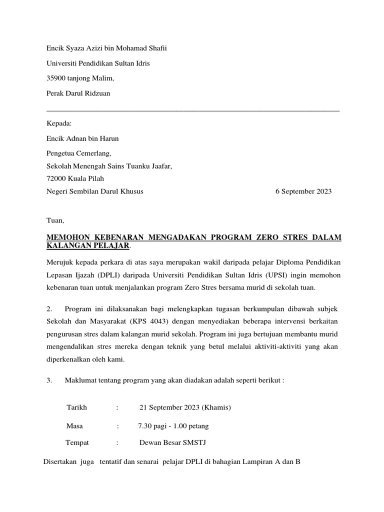SURAT PERMOHONAN KEBENARAN SEKOLAH | PDF