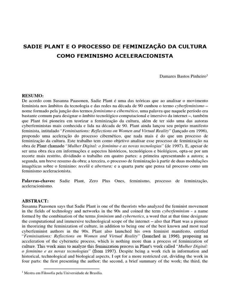 Sadie Plant E O Processo de Feminização Da Cultura Como Feminismo ...