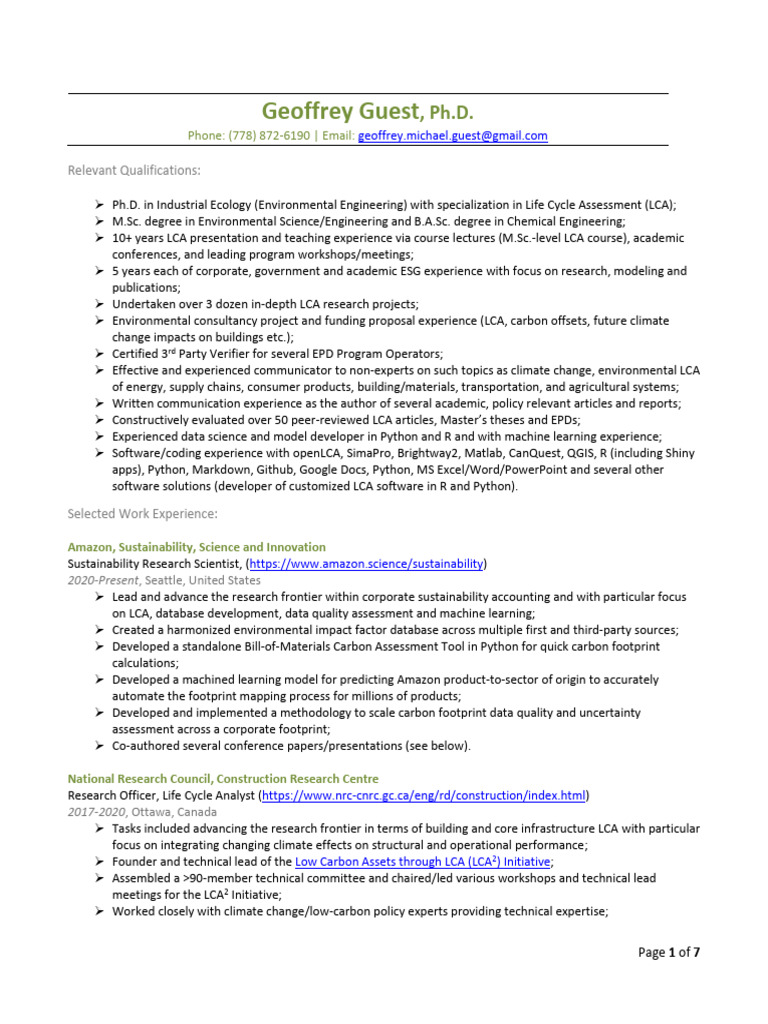 CV - May 2023 - Geoffrey Guest | PDF | Life Cycle Assessment | Bioenergy