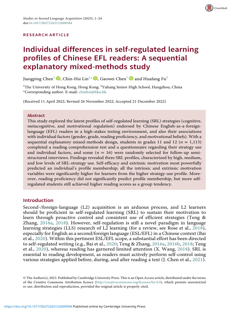 Individual Differences in Self Regulated Learning Profiles of Chinese Efl Readers A Sequential ...