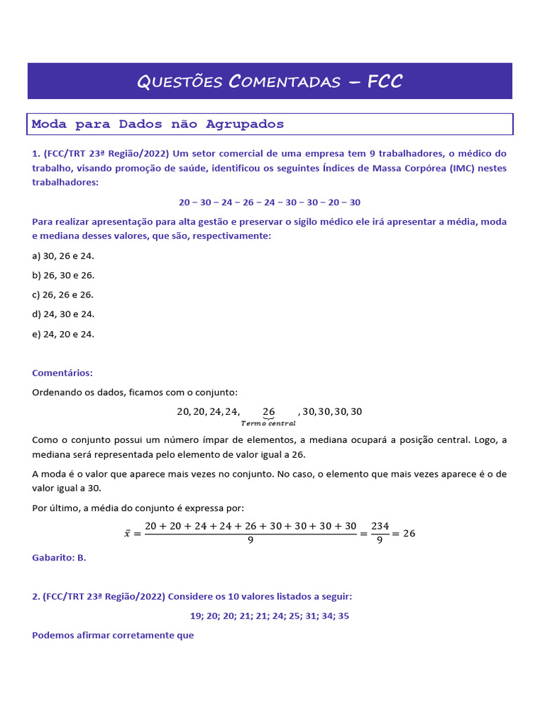 4.1.3 Questões Comentadas - Moda para Dados Não Agrupados - FCC - Completo | PDF