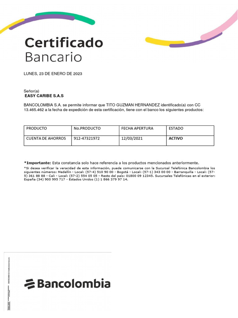Certificado Bancario de Tito Guzmán | PDF