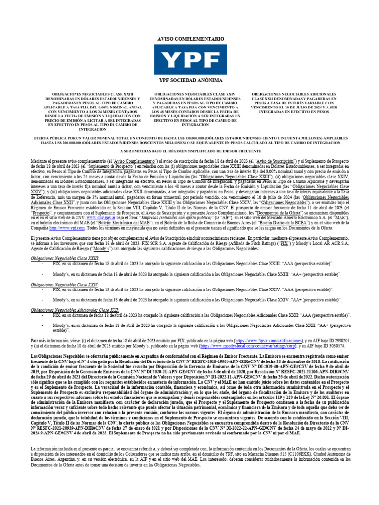 37528.on Ypf Clases 22 Ad-23-24 - Aviso Complementario | PDF