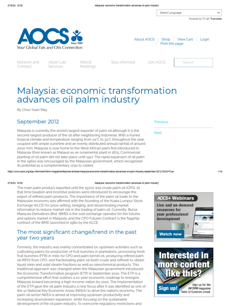 Malaysia Economic Transformation Advances Oil Palm Industry | PDF ...