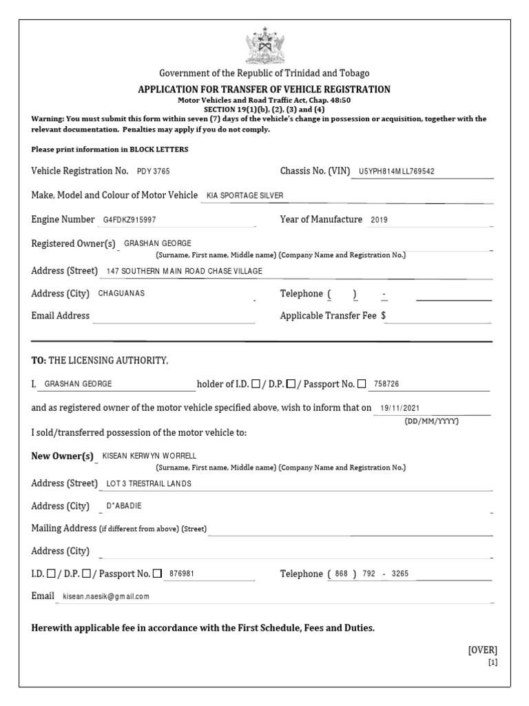 Trinidad Vehicle Transfer Application Form | PDF