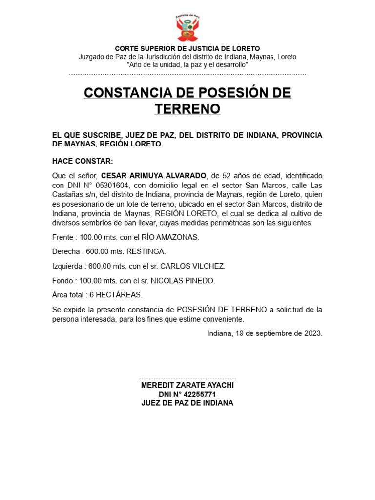 Constancia de Posesión en Maynas | PDF