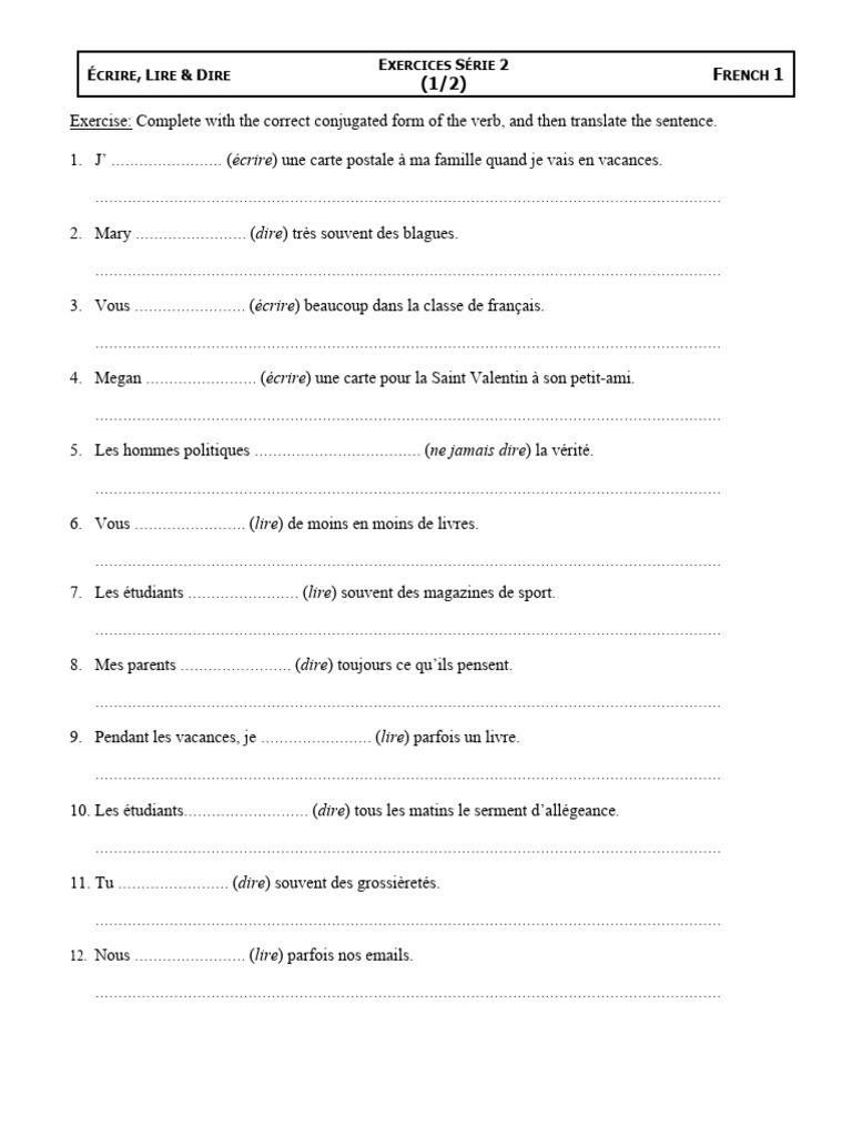 French 1 Ecrire Lire Dire Exercices Serie 2 | PDF