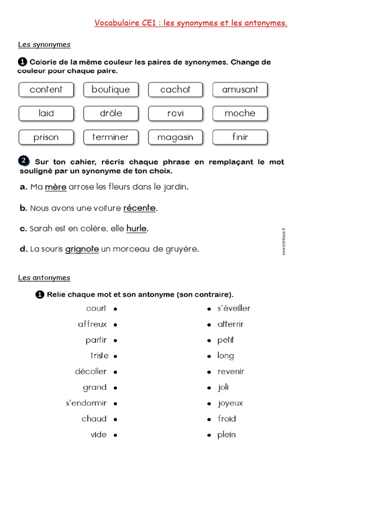 Synonymes Antonymes CE1 | PDF