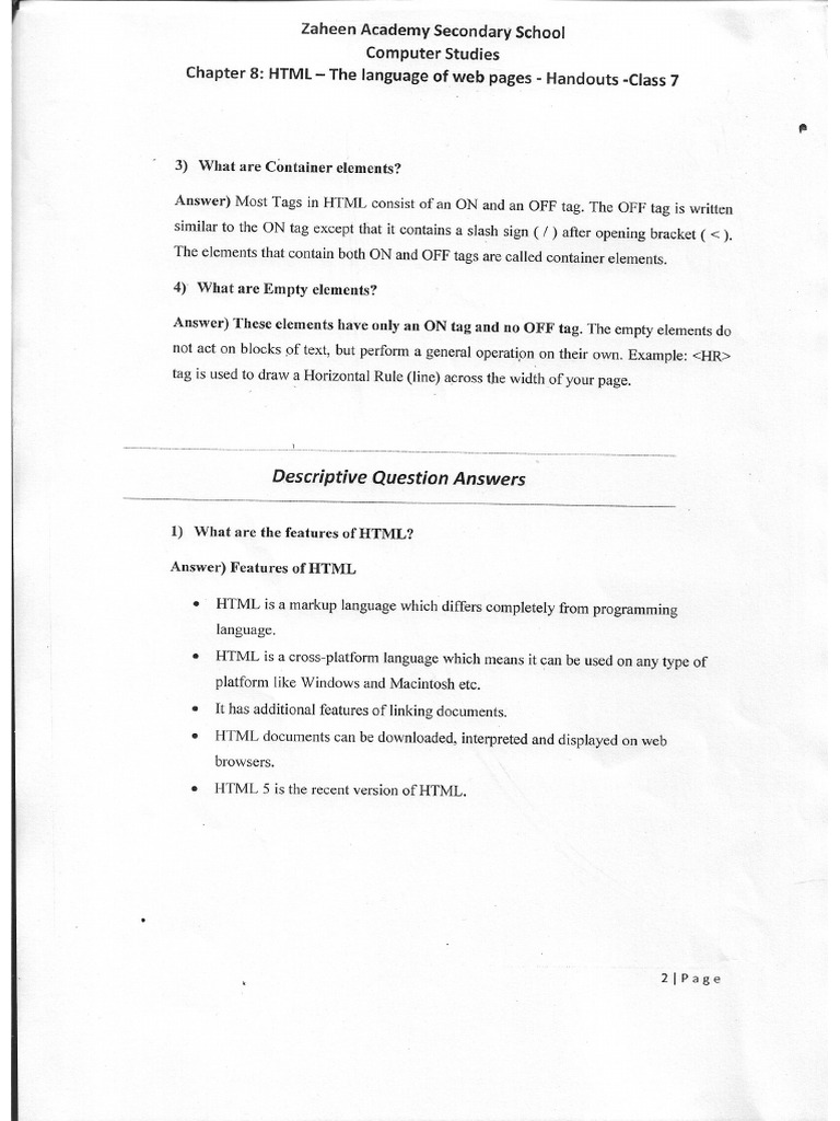 Class 7th Computer Ch 8 Html Pdf 